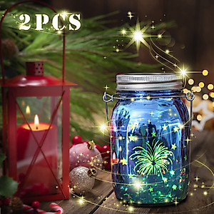 2 Pack Solar Lights Outdoor Decorative Lanterns Waterproof Solar Powered Glass Mason Jar with Color Changing LED Lights for Outdoor Garden Yard Lawn Tabletop Christmas Decorations, Blue