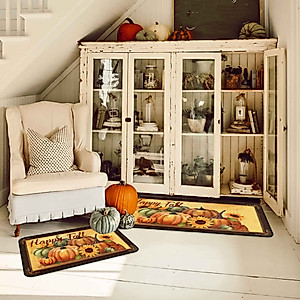 Happy Fall Pumpkin Decorative Kitchen Rugs Set of 2,Non Skid Washable, Home Seasonal Fall Holiday Party Autumn Harvest Thanksgiving Kitchen Mat 17"x47"+17"x30"
