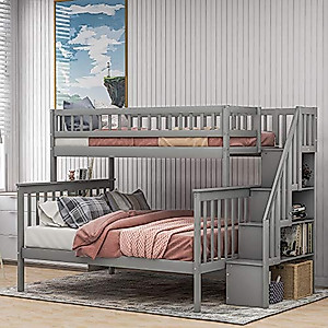 Merax Twin Over Full Bunk Bed with Stairs, Wood Bed Frame with Storage Space and Guard Rail for Bedroom, Dorm, for Teens, Adults, Grey