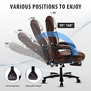 Comermax Big Tall Reclining Office Desk Chairs with Footrest Back Support Wide Seat PU Leather Ergonomic Recliner Managerial Executive Office Chair with Wheels Plus Size, Black Brown