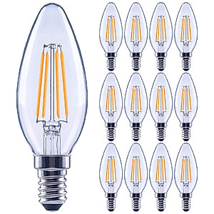(12 Pack) 60-Watt Equivalent LED E12 Candelabra Base B11 Dimmable Clear Filament Vintage Style Light Bulb 2700K Warm White Decorative 60W LED Chandelier Ceiling Fan Bulbs. (New Version)