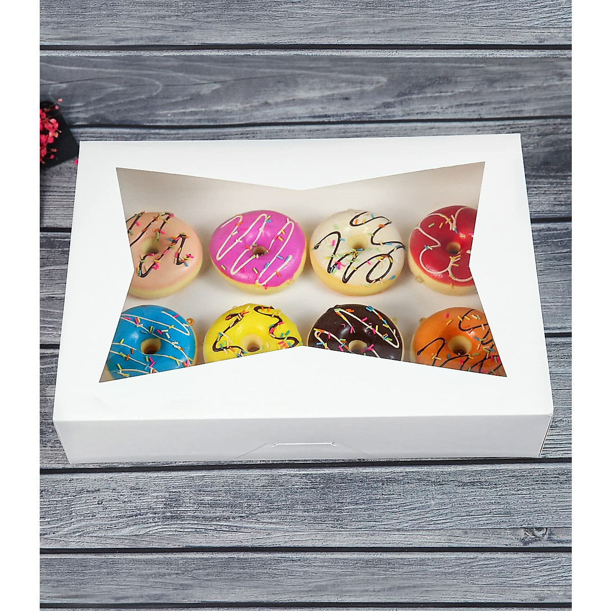 SOROO 15-PACK White Pastry Bakery Box 16x11x2.75inch,Large Donuts,Muffins,Cookies Boxes with PVC Window Auto-Pop up Paper Box Nature Cardboard Take Out Container,Hold 12 Donuts,Pack of 15