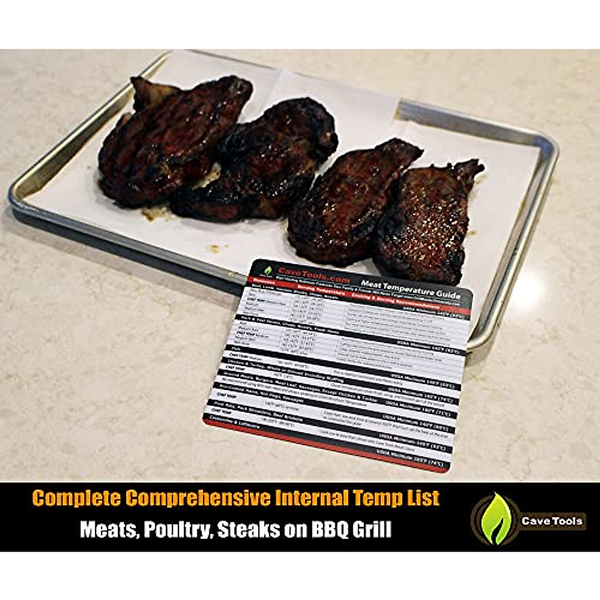 Cave Tools Meat Temperature Food Magnet Sheet for Internal Temperatures Cooking Strategies and Caryover Cook Times - Pitmaster BBQ Accessories for Smokers, Refrigerators and Grills - Small