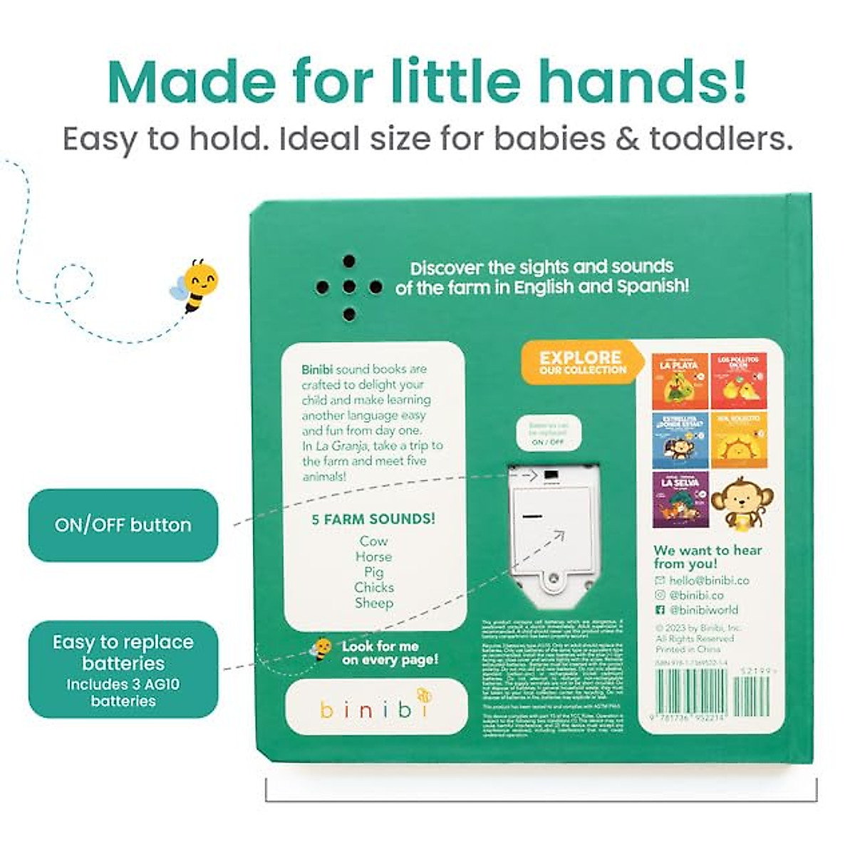 Binibi Spanish Books for Babies & Toddlers 1-3 La Granja Interactive Bilingual Sound Book with Farm Animal Sounds | Bilingual Children's Book | Spanish Learning for Kids | Libro en español para bebés