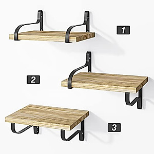 Fixwal Floating Shelves, Wall Mount Rustic Wood Wall Shelves with Large Storage, for Kitchen Living Room Bathroom Bedroom, Set of 3 Carbonized Black (15.8 x 10.6 x 1.2in)