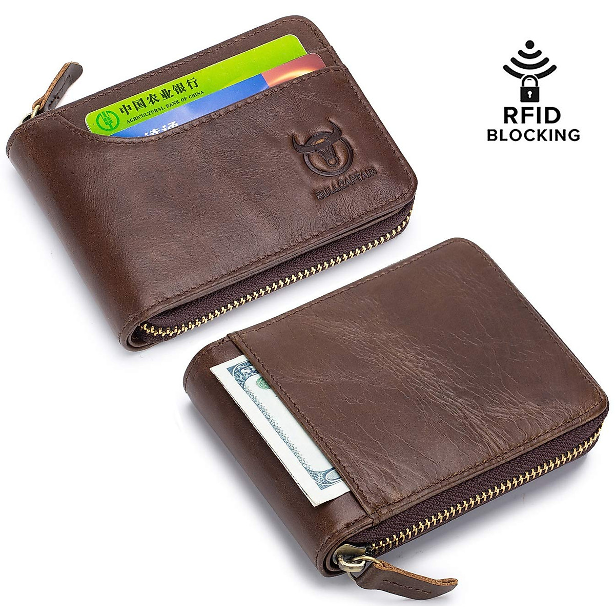 BULLCAPTAIN Mens Leather Zipper Wallet RFID Blocking Bifold Secure Vintage Zip Around Multi Credit Card Holders