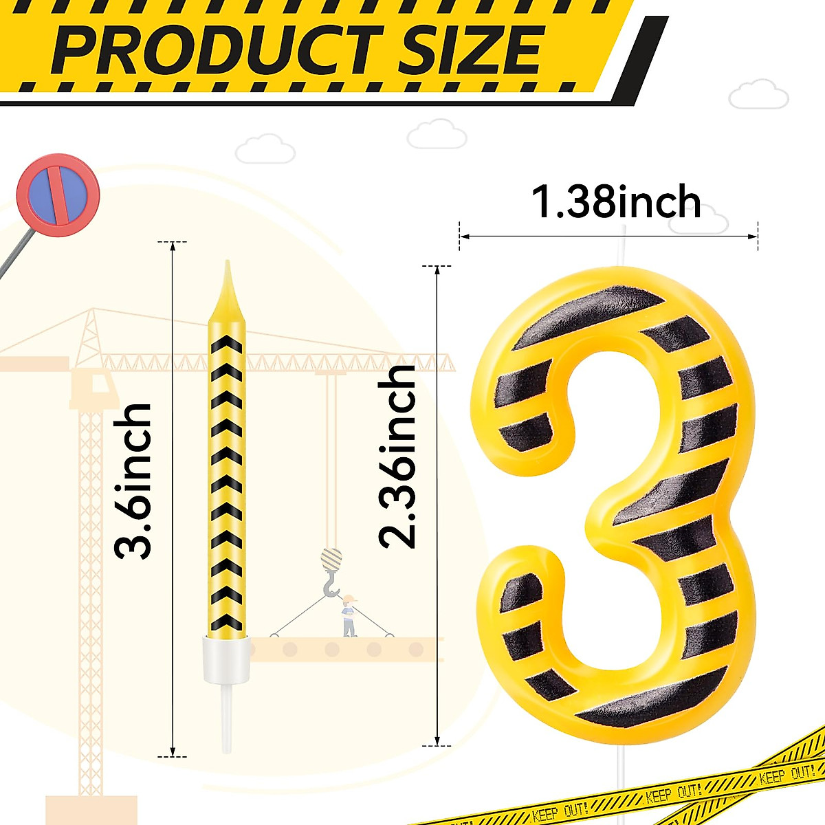 13 Pcs Construction Themed Birthday Candles Set 12 Yellow and Black Number 3 Candle Cake Topper for Construction Party Decoration Supplies (Number 3)