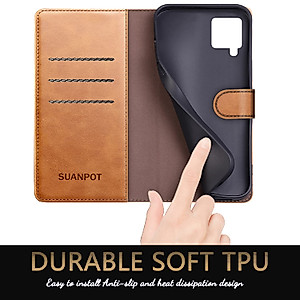 SUANPOT for Samsung Galaxy A12 with RFID Blocking Leather Wallet case Credit Card Holder, Flip Folio Book Phone case Shockproof Cover for Women Men for Samsung A12 case Wallet (Light Brown)