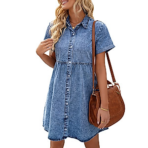 LookbookStore Denim Dress Womens Denim Babydoll Dress Short Sleeve Oversized Dress Lapel Collared Casual Dress for Women Summer Reef Blue Size L Babydoll Jean Dress Size 12, 14