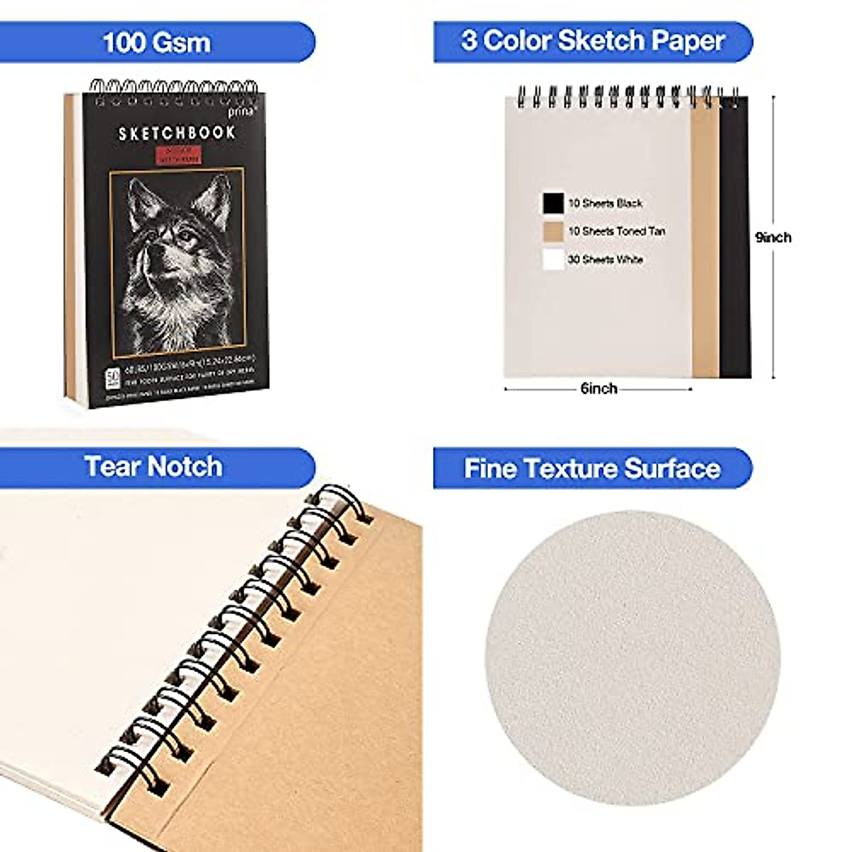 Prina 50 Pack Drawing Set Sketch Kit, Sketching Supplies with 3-Color Sketchbook, Graphite, and Charcoal Pencils, Pro Art Drawing Kit for Artists Adults Teens Beginner Kid, Ideal for Shading, Blending