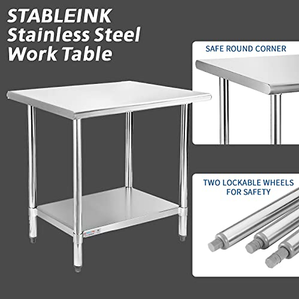 STABLEINK NSF Stainless Steel Table, 24 x 48 Inches Metal Prep & Work Table with Adjustable Undershelf, for Commercial Kitchen, Restaurant, Hotel and Garage