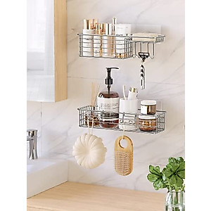 SMARTAKE 2-Pack Shower Caddy, Combined Bathroom Shelf with Soap Dish and Hooks for Hanging Razor Brush Sponge, Wall Mounted Rustproof Basket with Adhesive, No Drilling, 304 Stainless Steel, Silver