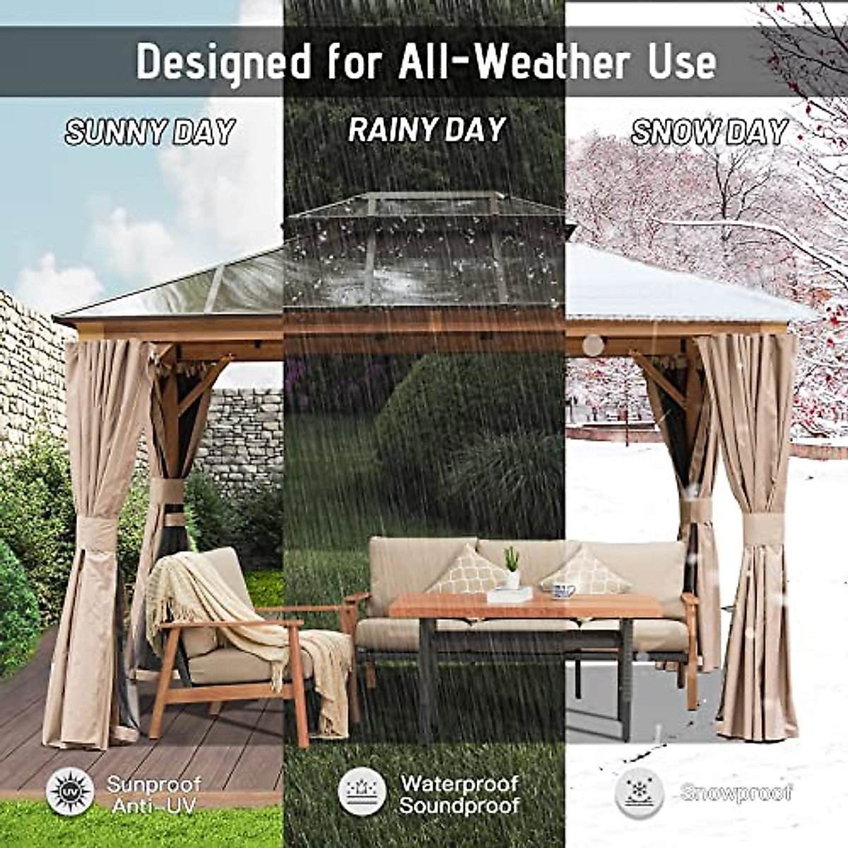 Domi Outdoor Living 10’ X 12’ Hardtop Gazebo Outdoor Aluminum Gazebo with Polycarbonate Double Roof Canopy for Lawn and Garden, with Curtains & Net (Wood Looking)