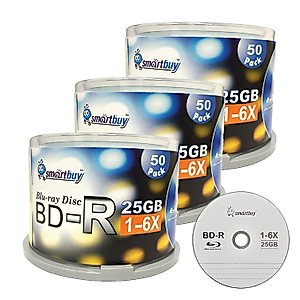 Smartbuy 150 Pack Bd-r 25gb 6X Blu-ray Single Layer Recordable Disc Logo Top Blank Data Video Media 150 Disc Spindle