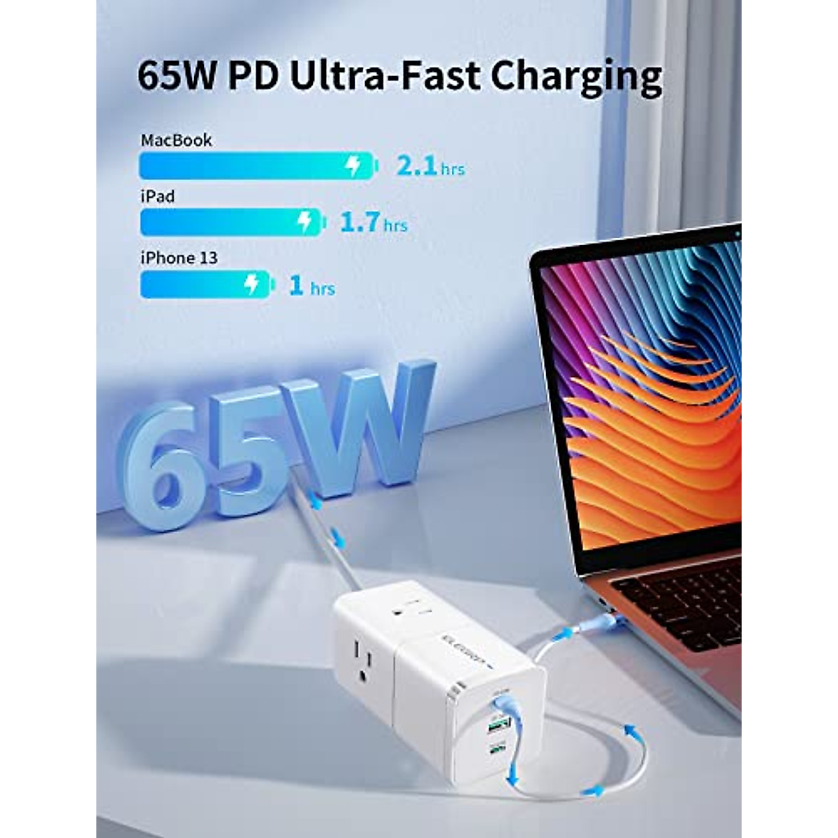 ELEGRP Travel Power Strip with 65W USB C, 3 Outlets 3 USB(2 USB-C), 5ft Extension Cord with 3 Widely Spaced Outlets, 65W USB C Fast Charging Compatible with MacBook, Travel Hotel Cruise Essentials