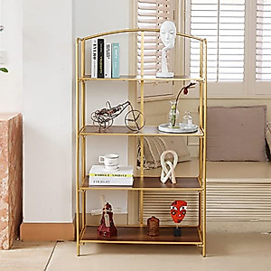 Crofy No Assembly Folding Bookshelf, 4 Tier Gold Bookshelf, Metal Book Shelf for Storage, Folding Bookcase for Office Organization and Storage, 12.87 D x 30.9 W x 55.71 H Inches