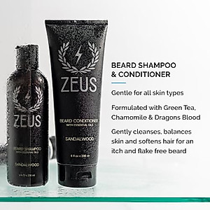 ZEUS Everyday Beard Care Kit with Refined Beard Oil – Shampoo & Conditioner Wash, Refined Oil & Beard Balm (Made in USA) Sandalwood