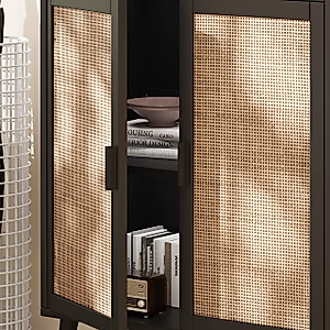 Rovaurx Accent Floor Storage Cabinet with Rattan Doors, Bathroom Cabinet with Large Drawer, Floor Cabinet Organizer, Black and Natural BMGZ107B