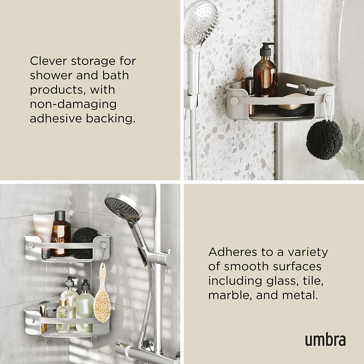 Umbra Flex Adhesive Shower Corner Shelf for Bathroom, Grey