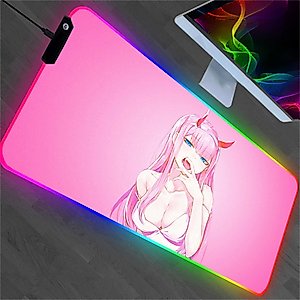 OYFRRGJ Mouse Pads Zero Two Mouse Pads Large Pink Mousepad RGB Anime Game Mats for Pc Lights Led Mouse Pad with Backlight Kawaii Cute Table Mat,23.6x11.8Inch