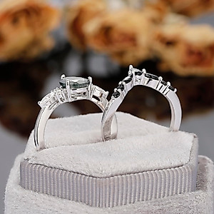 IRROYA 1.50 Carat Pear Cut Natural Moss Agate Wedding Rings Sets,Genuine Moissanite Engagement Ring,Black Spinel Eternity V Shaped Wedding Band, Sterling Silver Platinum, moss agate