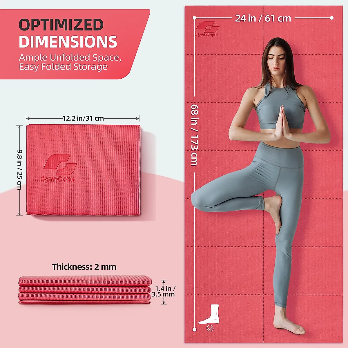 GymCope Foldable Yoga Mat for Travel, 68"x24" Folding Travel Gym Mat for Women Yoga Studio, Packable and Portable Pilates Mat with Storage Bag Easy to Carry, Lightweight Travel Workout Mat, 2mm/4mm