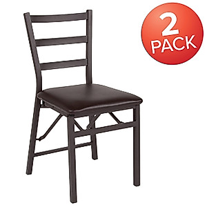 EMMA + OLIVER 2 Pack Ladder Back Metal Folding Chair with Brown Vinyl Seat