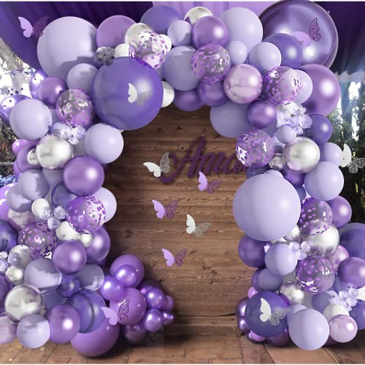 Amandir 145Pcs Purple Balloons Garland Arch Kit for Butterfly Baby Shower Decorations for Girl, 12Pcs Butterfly Stickers Lavender Purple Confetti Metallic Balloon for Birthday Wedding Party Decoration