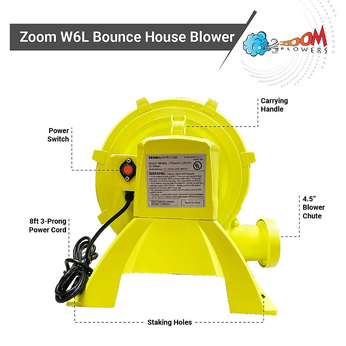 Zoom Blowers Portable Air Pump for Inflatables - Energy Efficient High Power 950-Watt, 1.25 HP Compact Residential Air Blower for Bounce Houses, Slide Combos, Water Slides and Obstacle Course for Kids