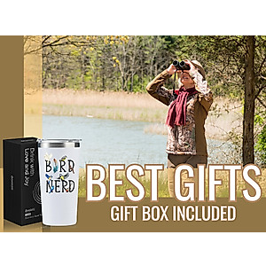 Onebttl Bird Watching Gifts, Bird Watching Tumbler for Bird Lovers & Bird Watchers, 20oz Stainless Steel Insulated Tumbler with Lid & Straw, Gift Card & Box Included, Birthday Gift, White - Bird Nerd