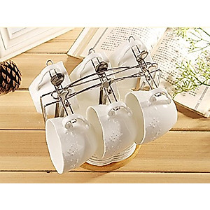 Jusalpha® White Porcelain 5OZ- Tea Cup and Saucer Coffee Cup Set with Saucer and Spoon, Set of 6 (6 Tea Cup Set With Bracket)