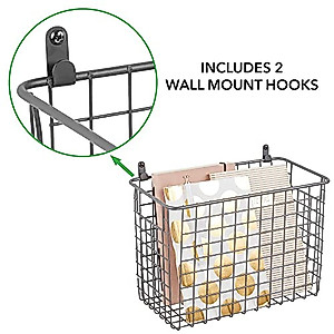 mDesign Portable Metal Farmhouse Wall Decor Storage Organizer Basket Bin with Handles for Hanging in Entryway, Mudroom, Bedroom, Bathroom, Laundry Room - Wall Mount Hooks Included, 2 Pack - Graphite