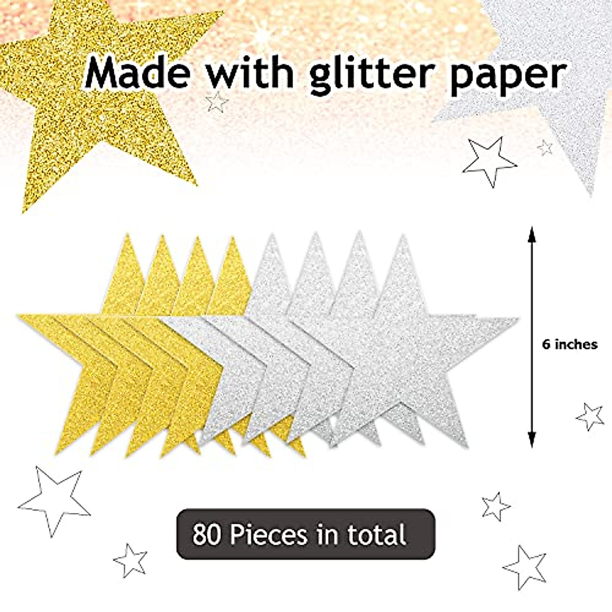 80 Pieces Glitter Star Cutouts Paper Star Confetti Cutouts for Bulletin Board Classroom Wall Party Decoration Supply (Gold, Silver,6 Inches Length)