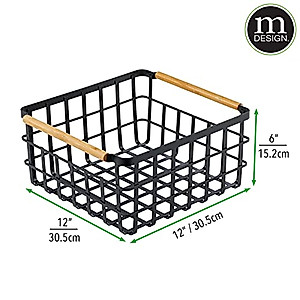 mDesign Metal Wire Storage Organizer Basket with Bamboo Wood Handles for Kitchen Pantry, Rustic Farmhouse Bin to Store Fruit, Coffee, Spices, Supplies, Yami Collection, 8 Pack, Matte Black/Natural/Tan