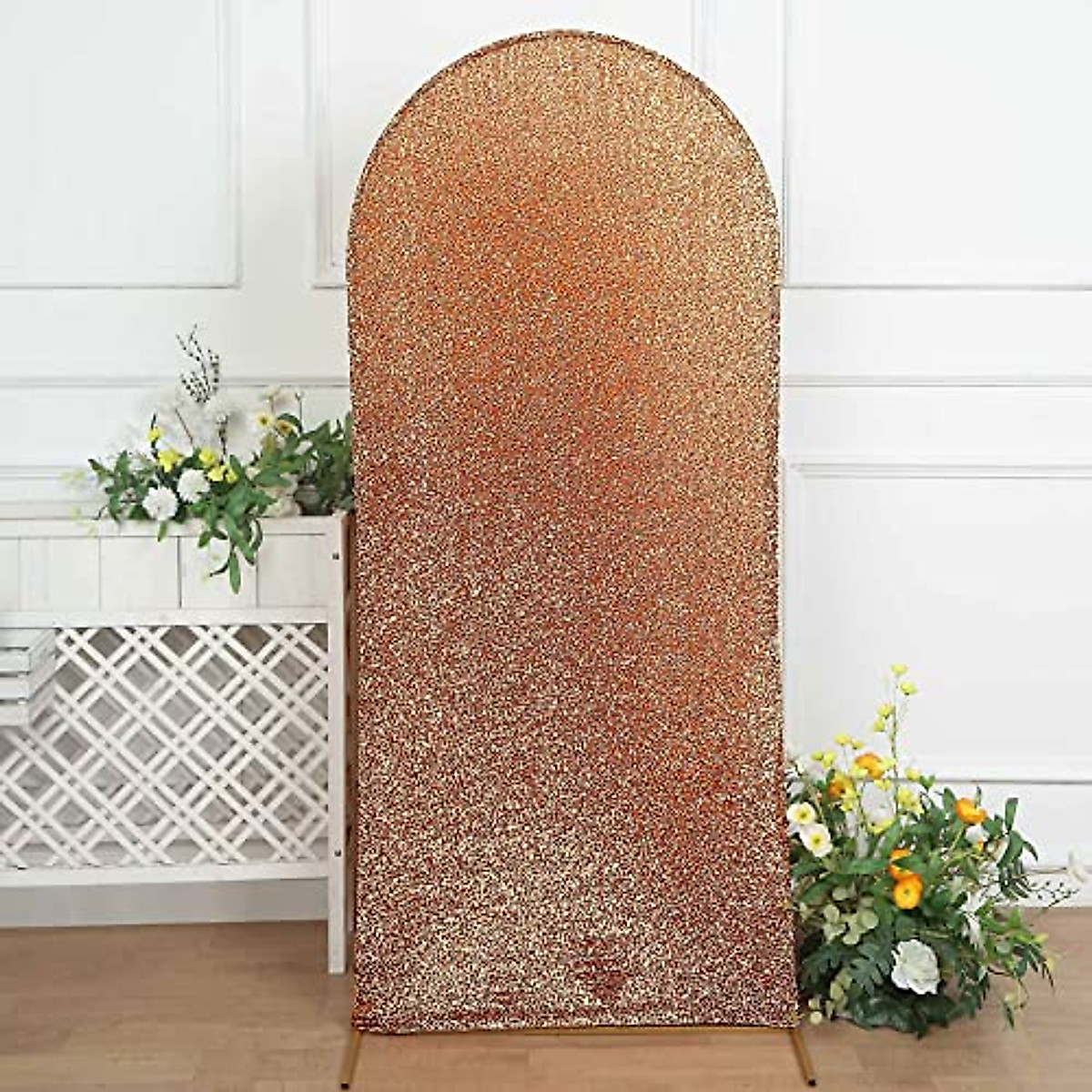TABLECLOTHSFACTORY 6ft Shiny Antique Gold Spandex Fit Round Top Backdrop Frame Stand Cover, 2-Sided Metallic Sparkly Wedding Arch Cover