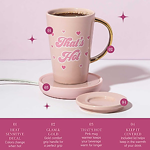 Paris Hilton Electric Mug Warmer Set, Electric Gravity Mug Warmer with 14-Ounce Ceramic Coffee Mug with Lid, Heat Sensitive Color Changing Design, Auto-Shut Off, 3-Piece Set, Pink and Gold