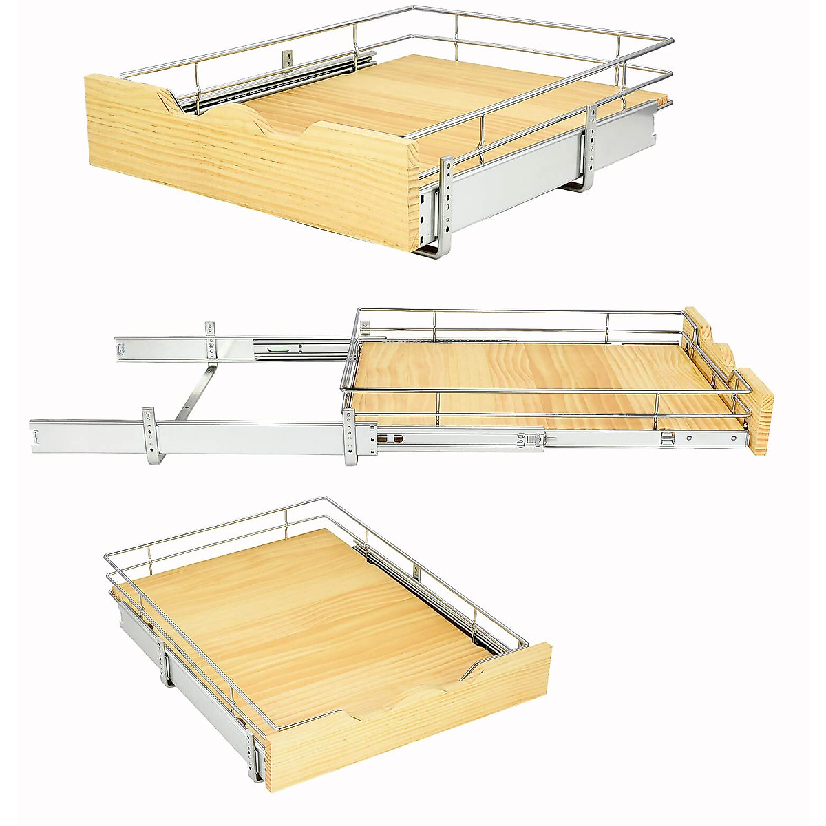 DINDON Pull Out Cabinet Organizer (14" W x 21" D),1 Tier Slide Out Shelf, Shelves Organization and Storage for Kitchen Under Sink Space, Wood and Wire Basket