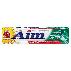 Aim Whitening Anticavity Fluoride Toothpaste, with Baking Soda, Fresh Mint Gel, 6 Oz (Pack of 6)