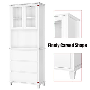 FACBOTALL 76'' Kitchen Pantry Storage Cabinet, Kitchen Buffet with Hutch, Tall Hutch Cabinet with Glass Doors, Coffee Countertop and 3 Large Drawers for Dining Living Room, White