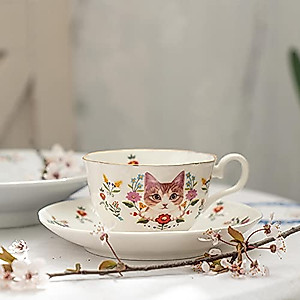 123Arts Ceramic Cat and Flower Coffee Mug Teacup Set with Saucer