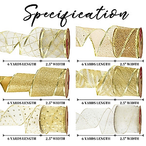 HUIHUANG Gold Christmas Ribbon - 2.5 inch Wide Gold Wire Edge Ribbons for Tree Decorations, Crafts, Gift Wrapping, Wreath, Garland, Bows - 6 Rolls x 6 Yards