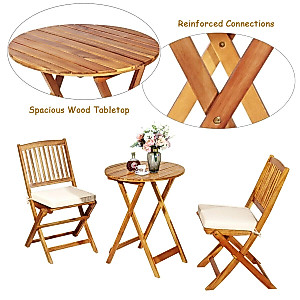 Tangkula 3 PCS Patio Folding Bistro Set, Outdoor Acacia Wood Chair and Table Set w/Padded Cushion& Round Coffee Table, Ideal for Indoor Patio Poolside Garden (Cream)