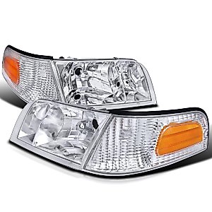 SPEC-D TUNING Chrome Housing Clear Lens Headlights + Corner Lights Compatible with 1998-2011 Ford Crown Victoria L+R Pair Head Light Lamp Assembly