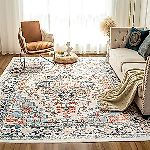 VK Living Machine Washable Rug 9'x12' Vintage Design Washable Area Rugs with Non Slip Rugs for Living Room Bedroom Traditional Woven Rug Carpet Stain Resistant, Dining Home Decor Office Boho Rug, Blue