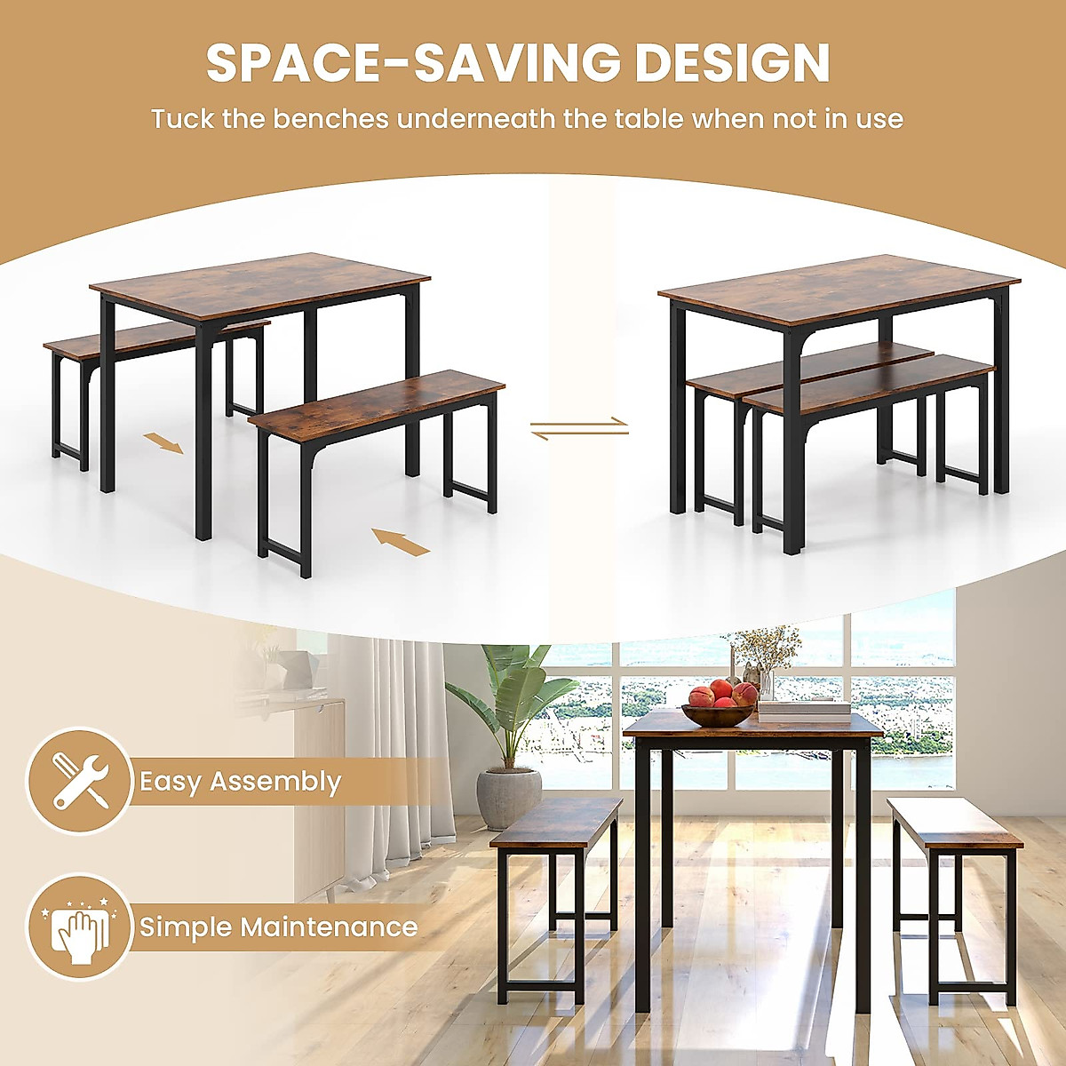 IFANNY Dining Table Set with 2 Benches, Industrial Kitchen Table & Chairs with Metal Frame, Space-Saving Breakfast Nook Table Set, 3 Piece Dinette Set for Farmhouse, Bar, Restaurant (Brown)