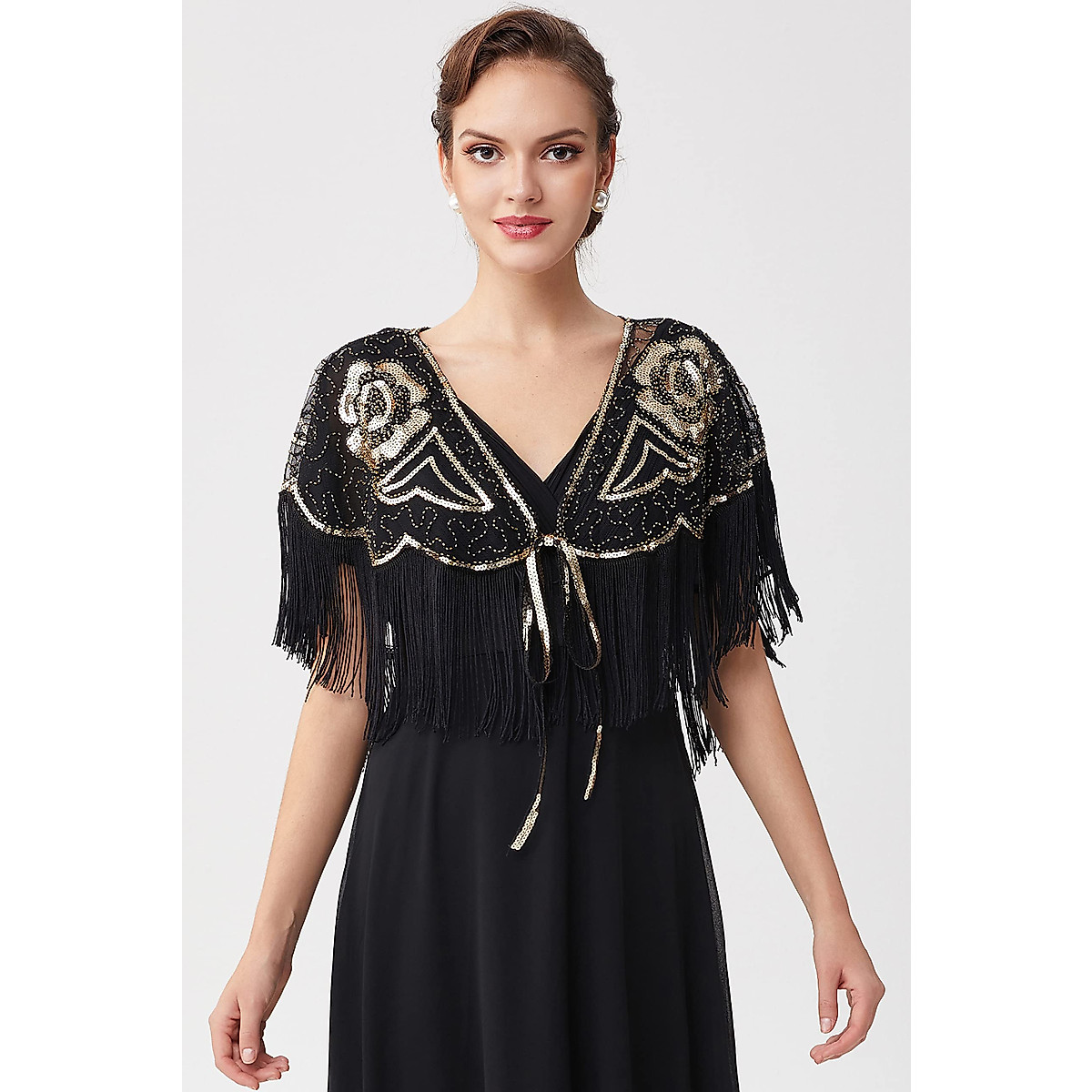 BABEYOND 1920s Shawl Wraps Gatsby Beaded Evening Cape Bridal Shawl for Evening Dresses Wedding Party (Gold Black)