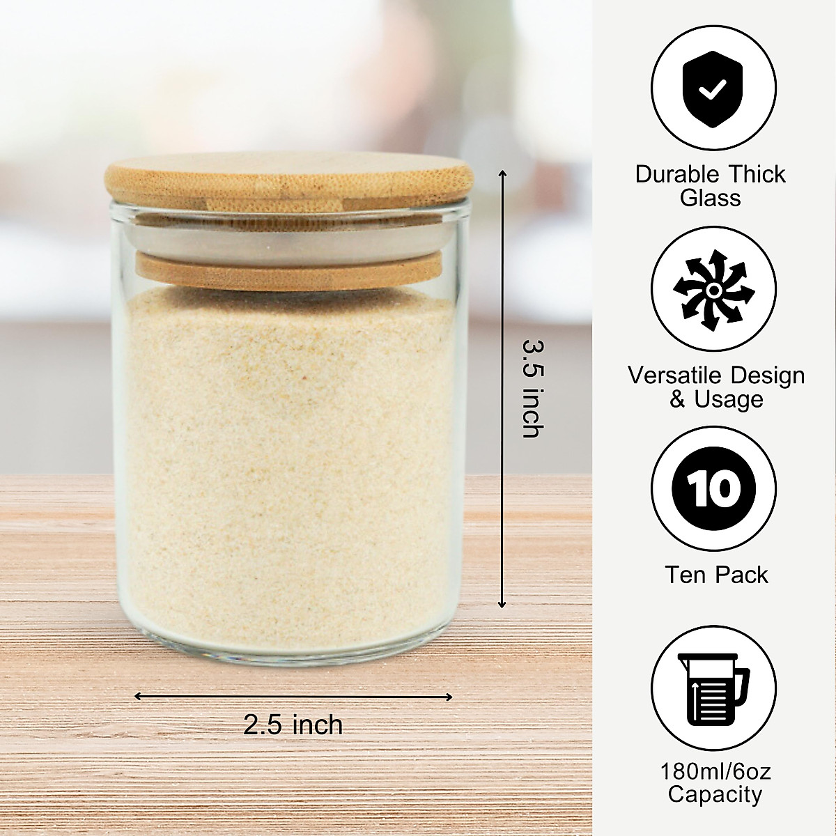 Spice Jar Set - 6oz Glass Spice Jars with Bamboo Lids and Labels, Perfect for Seasoning Containers, Food Storage, and Kitchen Spice Organization, Glass Spice Jars with Lids and Stickers, 2.5mm Thick