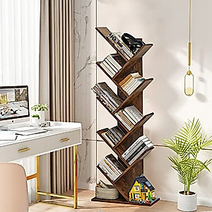PRIJESSE 9 Shelf Tree Bookshelf, Retro Wood Bookcase, Free-Standing Storage Shelves Books Holder Organizer for Living Room, Bedroom, Kid's Room, Home Office
