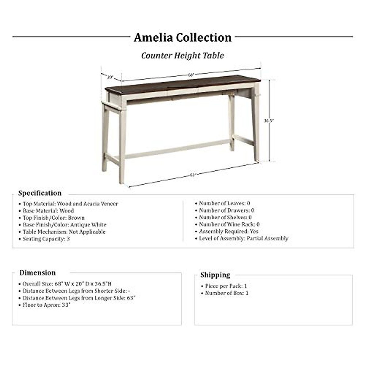 Lexicon Amelia 4-Piece Counter Height Dining Set, Antique White