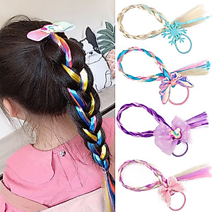 8 Pieces Colored Braids Hair Extensions with Rubber Bands Ponytails Hair Bows Rainbow Color Synthetic Hairpieces Glitter Braided Hair Extensions for Women Kids Girls Party Highlights Cosplay Dress Up